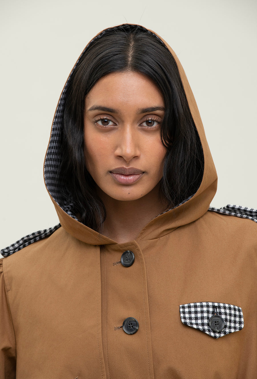 Shrimps Womenswear Hooded Aspen Trench Coat - Tan/Black Gingham – shrimps